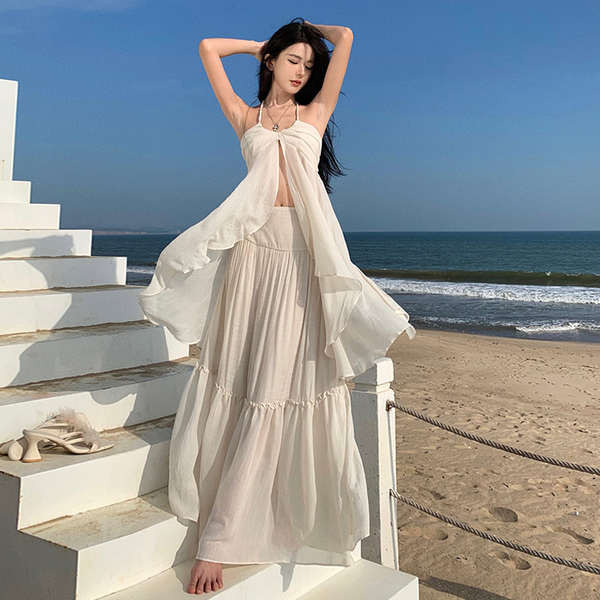 beach dress dress sulam dinner dress Suasana romantis retro Perancis ...