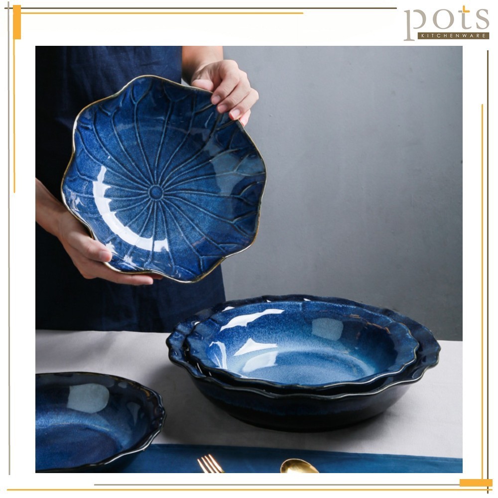 Porcelain Sky Blue Round Soup Bowl Plate; Pinggan Mangkuk Sup Bulat ...