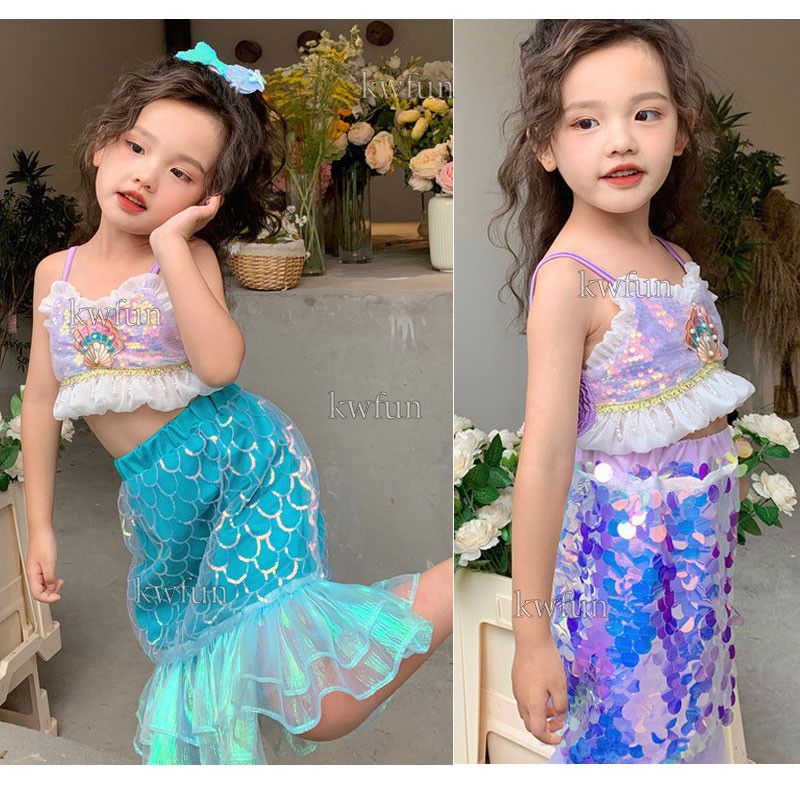 Mermaid Costume Kids Girl Sling Crop Top Skirt Set Disney Princess ...