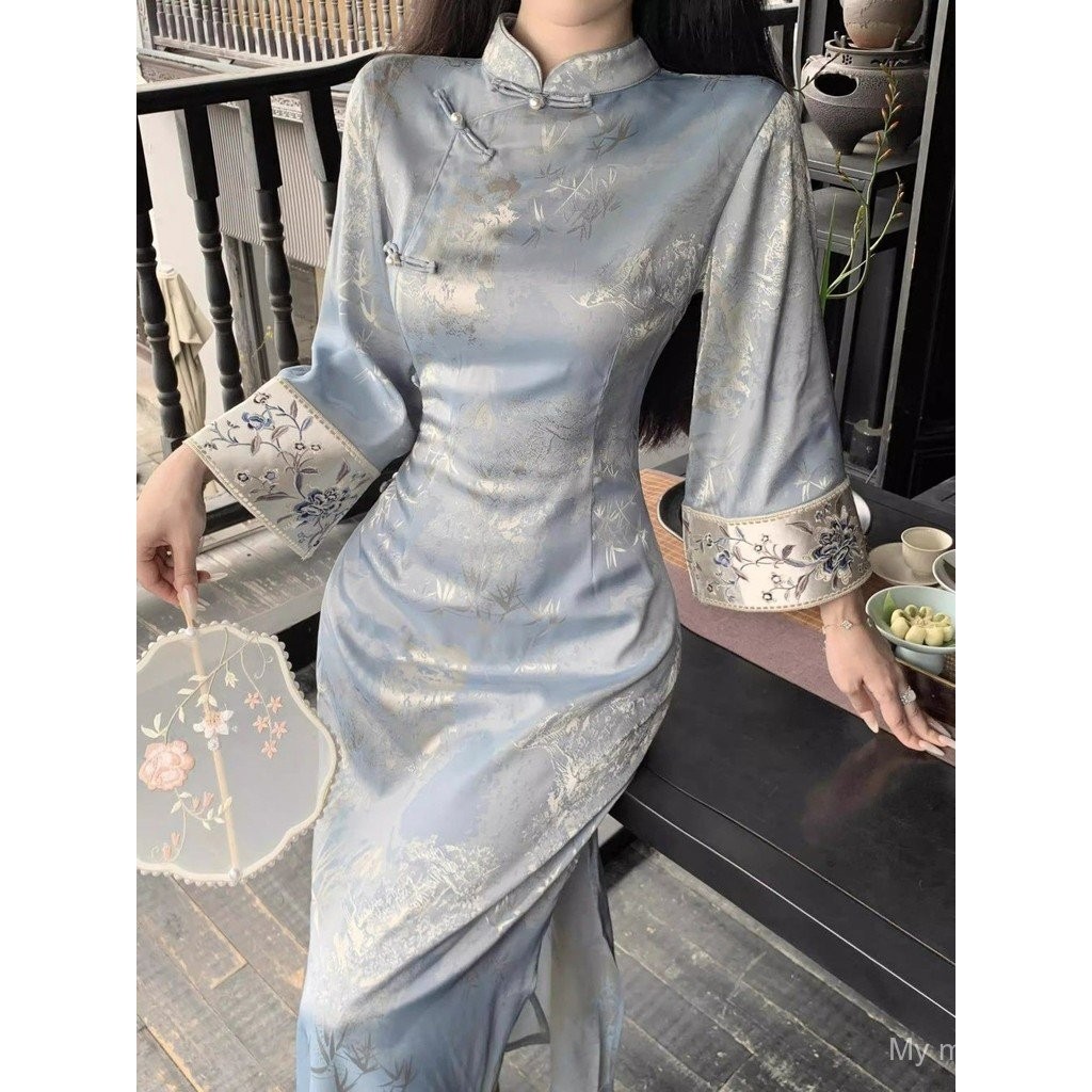 Women's Cheongsam New Chinese Style Blue Embroidered Slim Inverted Big ...