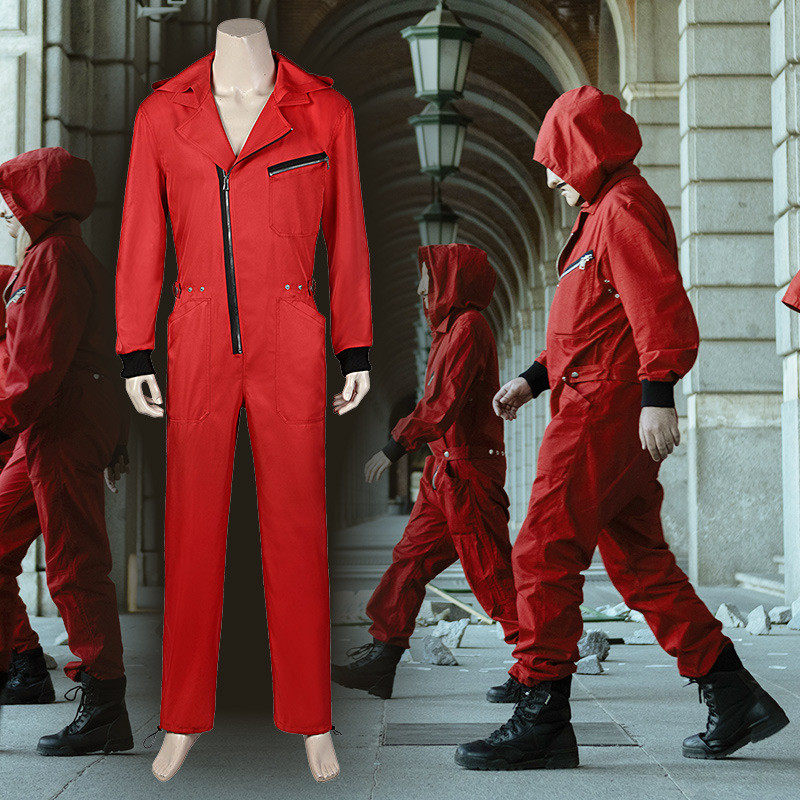 Money Heist 5 Cosplay Costume: Red Overalls With And Clown Mask Hooded ...