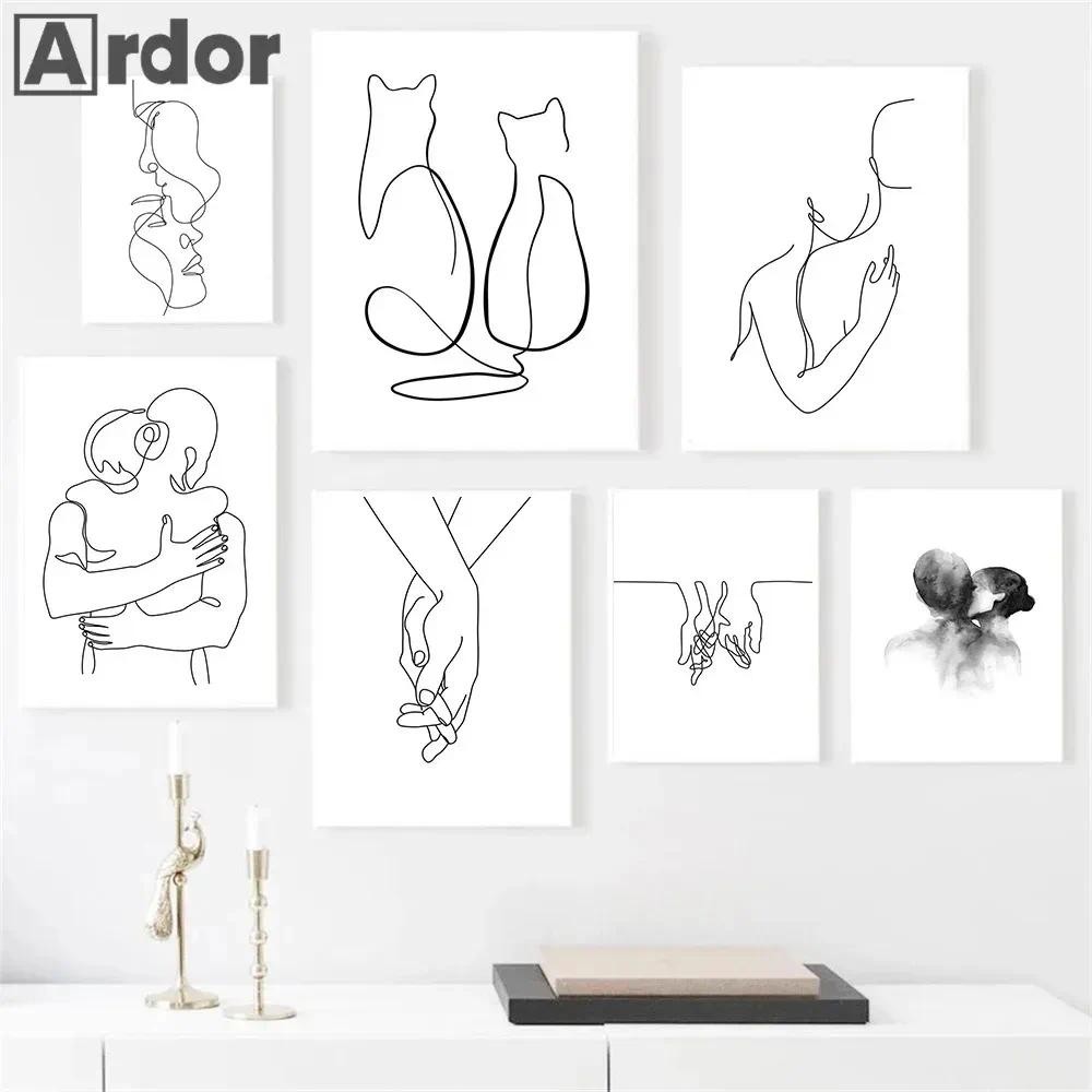 Cetak seni garisan pasangan dan kucing, gaya minimalist pada kanvas ...