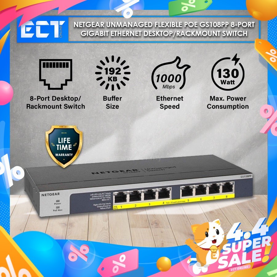Netgear Unmanaged Flexible PoE GS108PP 8-Port Gigabit Ethernet Desktop ...