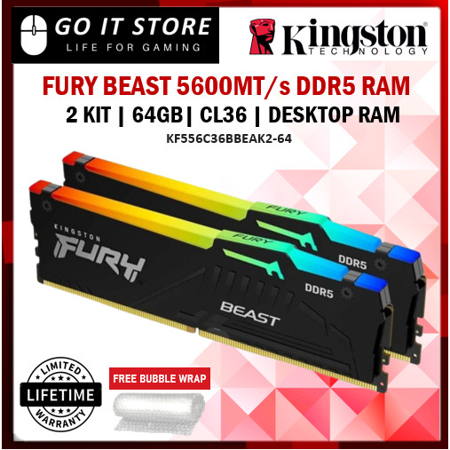 Kingston FURY Beast 16/32/64GB 5600MT/s DDR5 CL36 RGB (KF556C36BBEAK2-16/KF556C36BBEAK2-32 ...