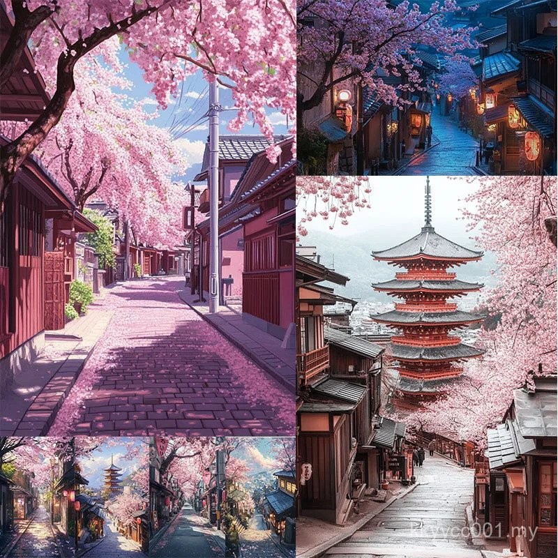 Japanese Street Scenery Sakura Architecture Canvas Posters and Prints ...