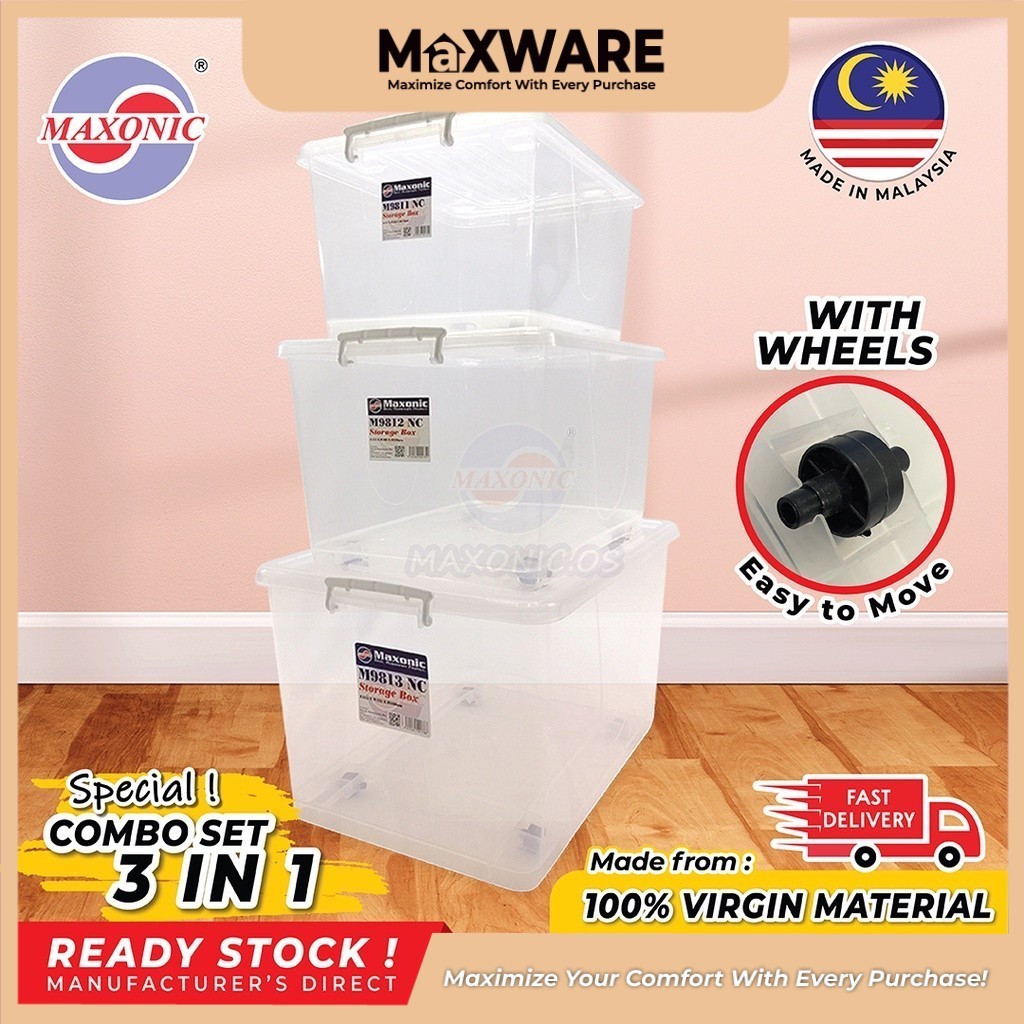 Maxware 75 Litre Combo Set 3 In 1 Multipurpose Storage Box Transparent Box With Wheels Kotak ...
