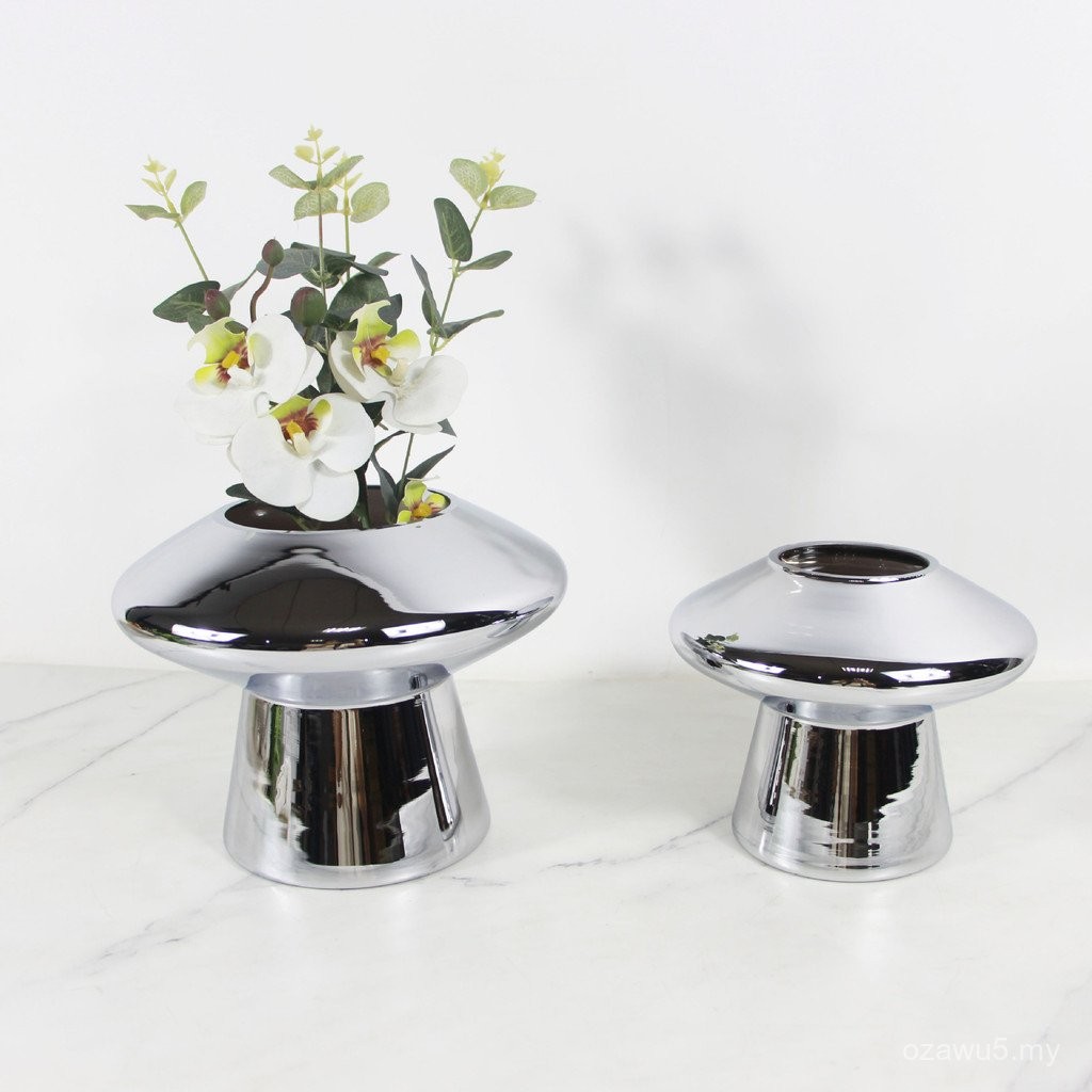 Warna perak penyaduran kreatif moden, pasu kaca cendawan, ruang tamu ...