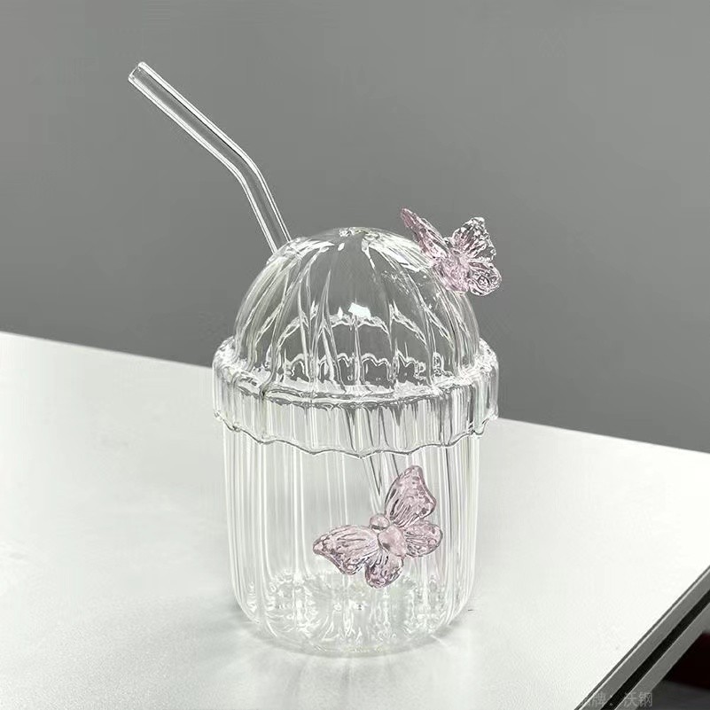 Butterfly Cute Straw Glass Cup Pink Summer Milk Tea Cup Little Red ...