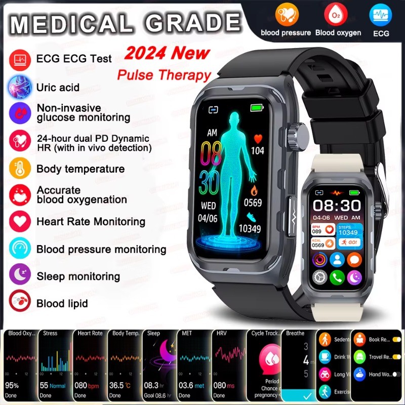 2024 New Pulse Therapy Blood Glucose Smart Watch Men ECG+PPG Uric Acid Blood Fat Five Organ ...