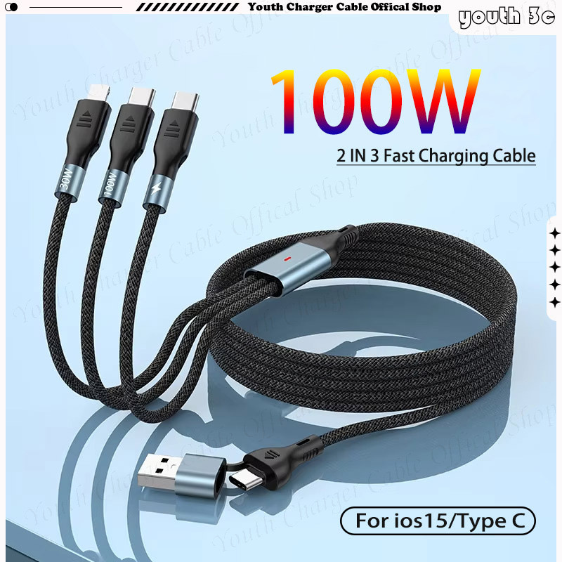 100W multi port ultra fast charging USB to C-type data cable with ...