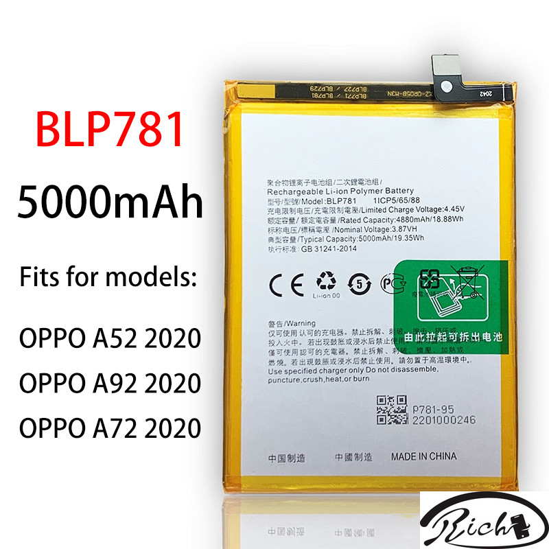 5000mAh Replacement battery BLP781 Battery For OPPO A52 2020 A92 2020 ...