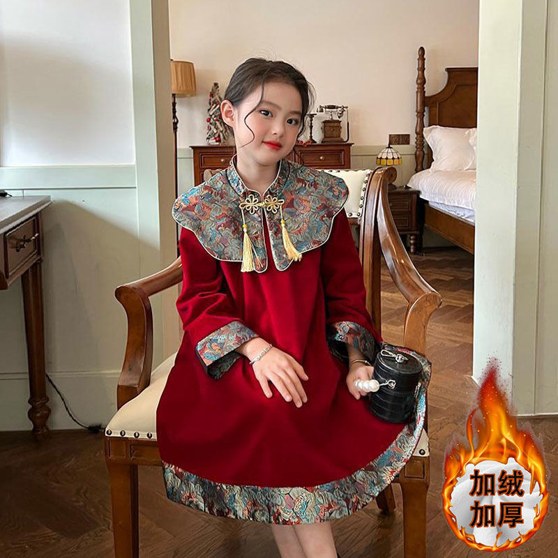 Girls Red New Dress Winter Clothes 2024 Western Style Children National ...