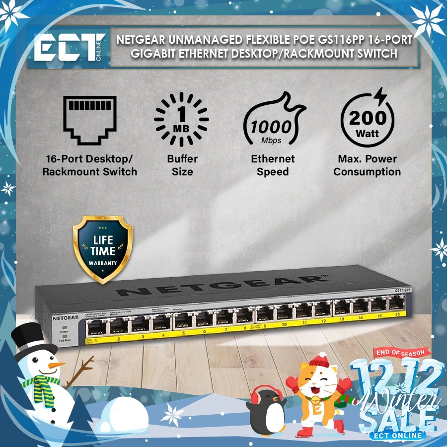 Netgear Unmanaged Flexible PoE GS116PP 16-Port Gigabit Ethernet Desktop ...