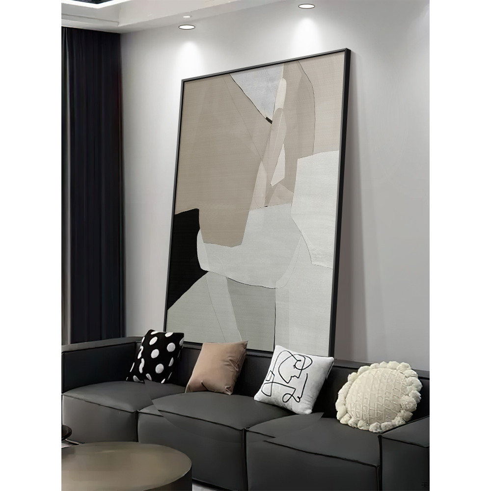 (With Frame) Black and White Minimalist Canvas Painting Abstract Block ...