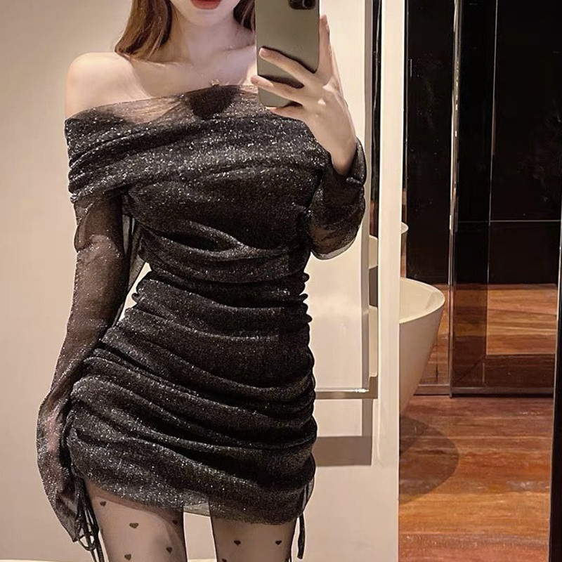 [BlF] Sexy Pleated Off Shoulder Elastic Mesh Long Sleeve Party Club ...