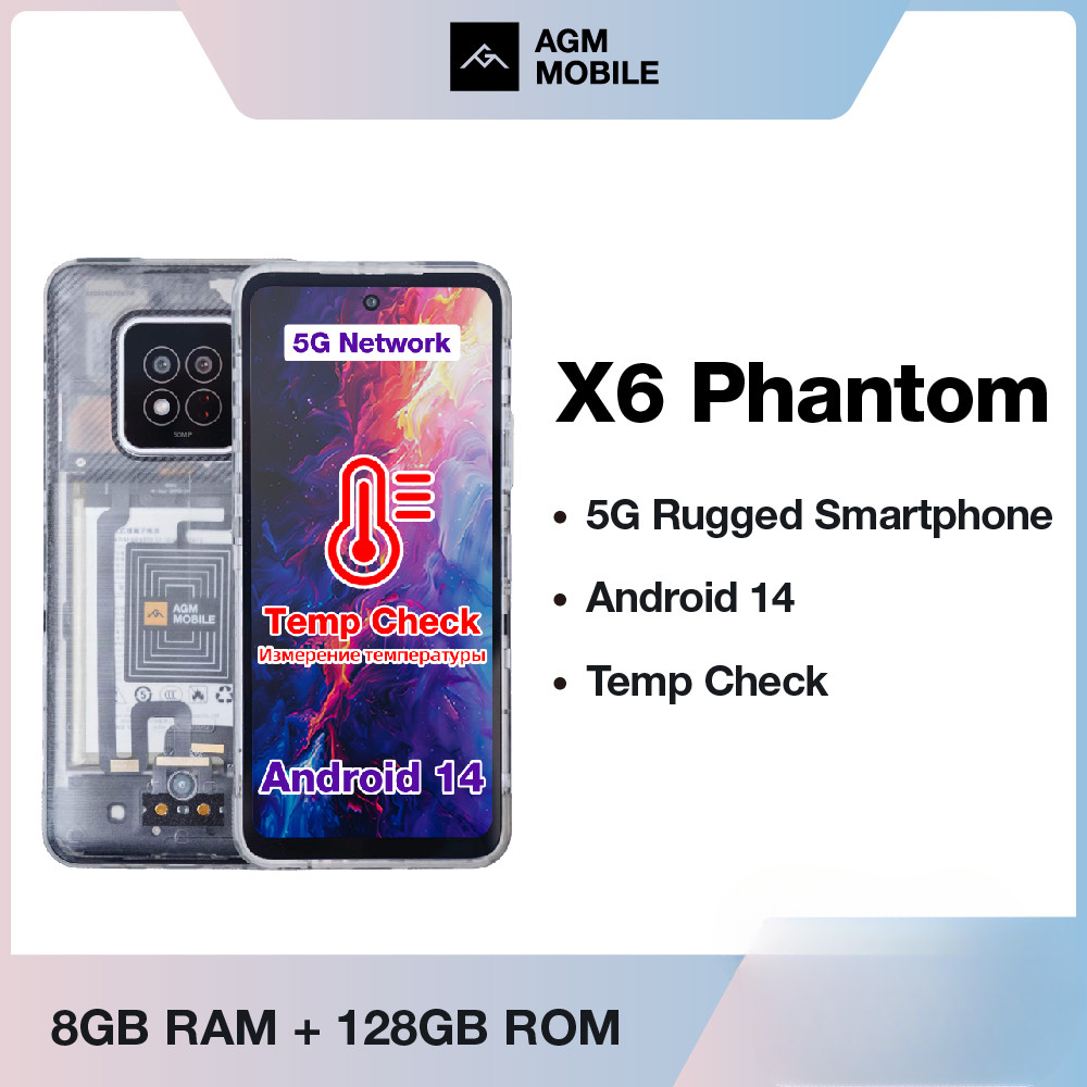 AGM X6 Phantom 5G Rugged Smartphone, 6.78 "FHD + 5000mAh, 8GB + 128GB, Temp Check Phone, Android ...