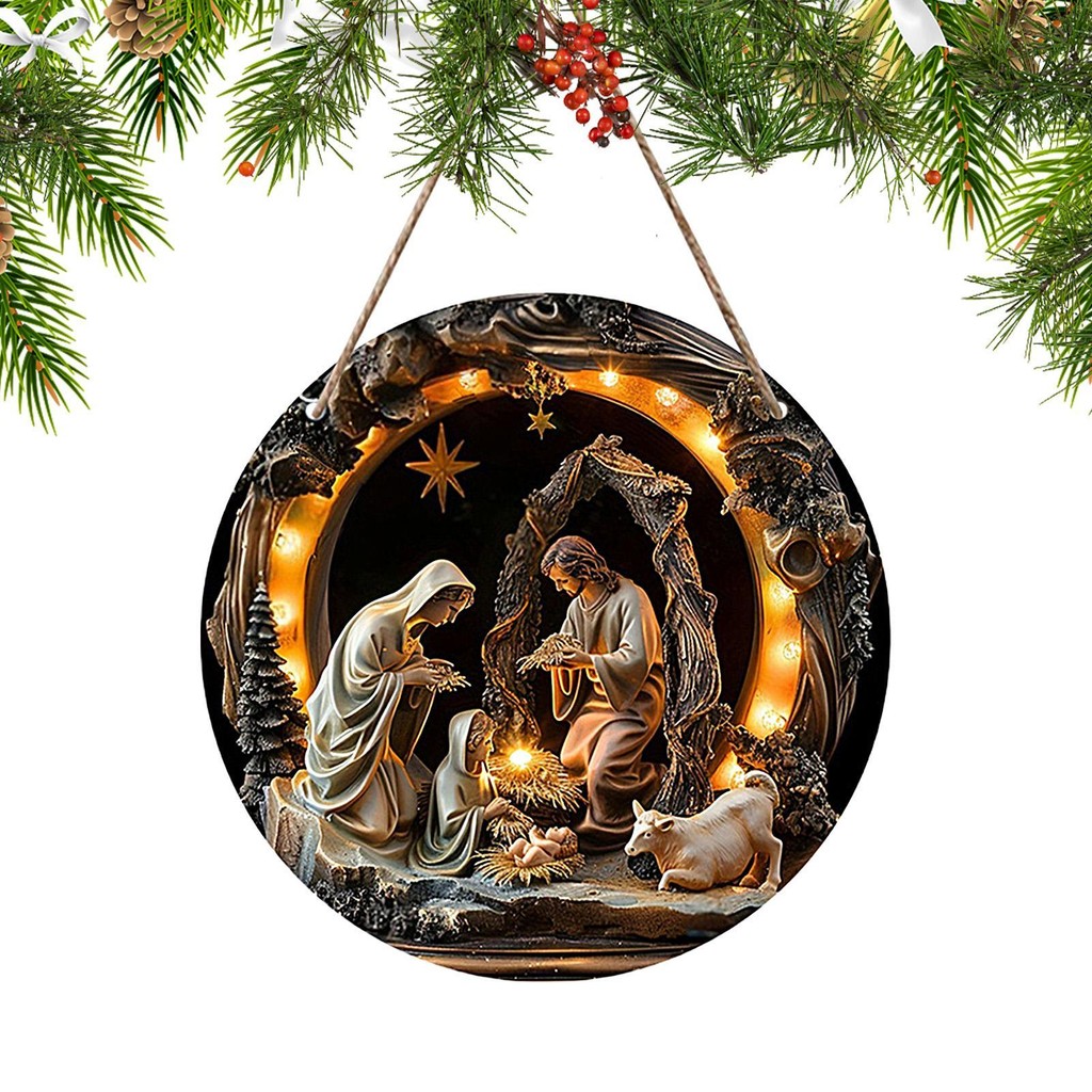 Wooden Nativity Scene Hanging Sign Creative Round Nativity Door Pendant ...