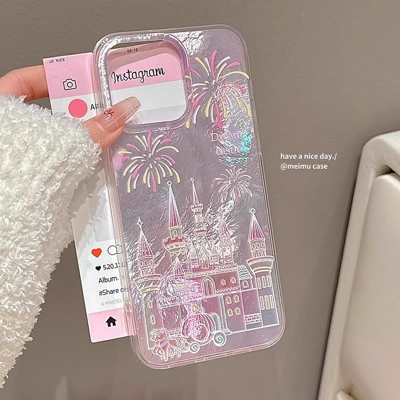 Romantic Pink Fireworks Castle Crystal Bead Chain Phone Case for iPhone ...