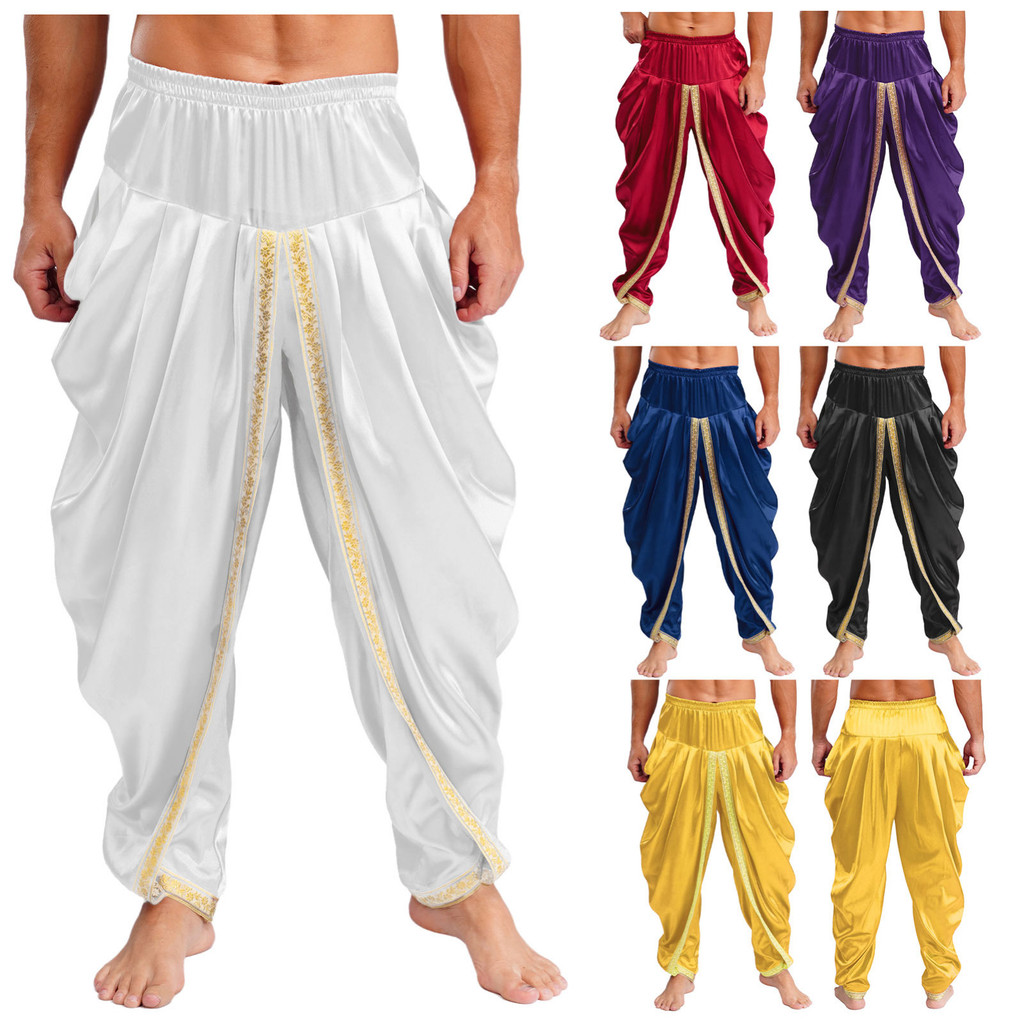 inhzoy Men Satin Dhoti Pants Casual Elastic Waistband Draped Baggy ...