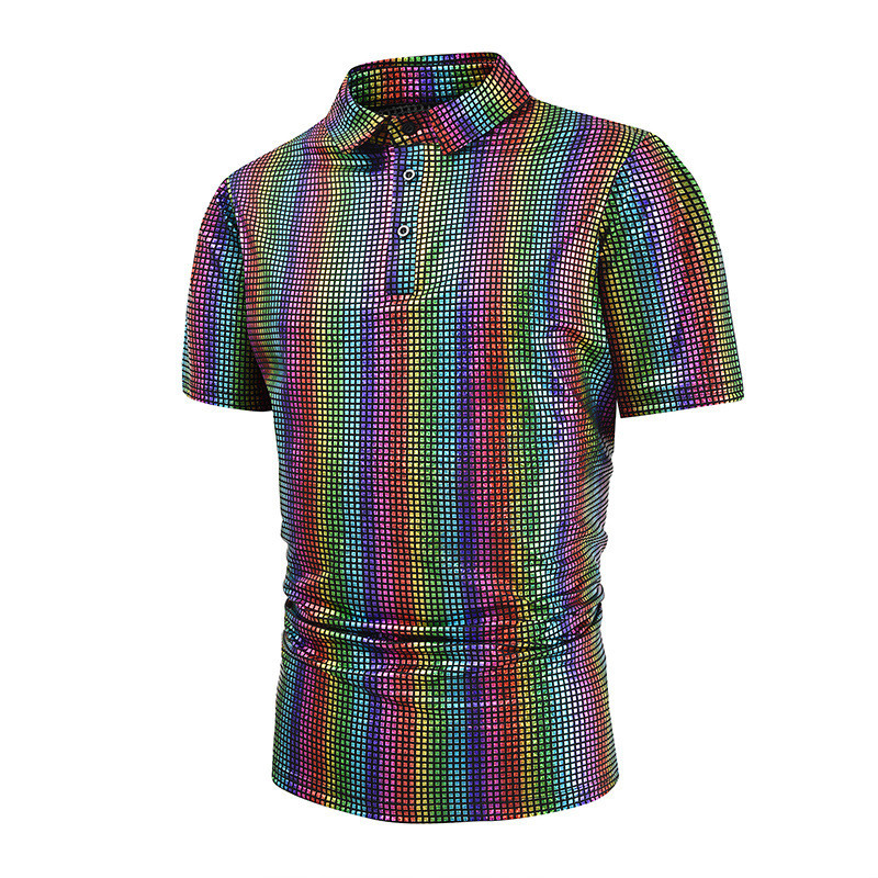 Fashion Retro Men's 70s Disco Costume Shirts Shiny Sequins Short Sleeve Buttons Shirts Blouse ...