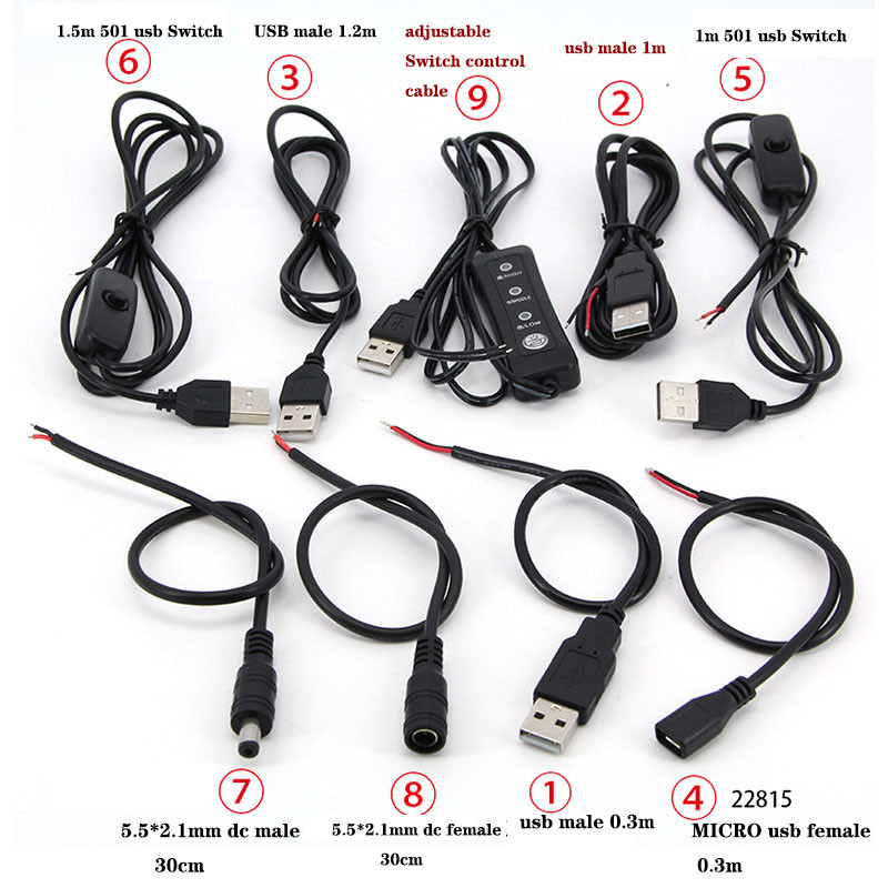 9 types 5V 12V USB2.0 DC mirco male female cable Switch adjustable ...