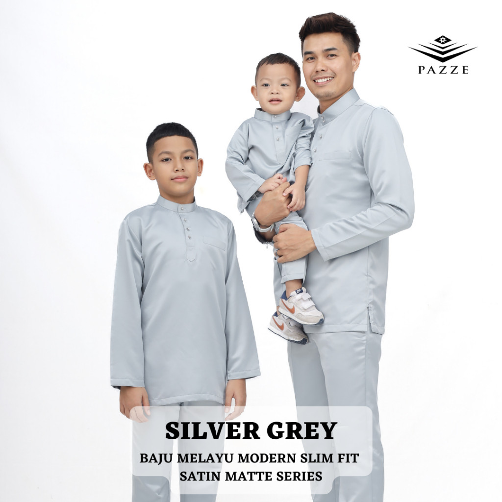 NEW RAYA 2025 (👨‍👦Sedondon Set) Silver Grey Baju Melayu Modern Slim fit ...
