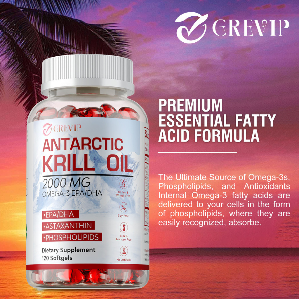 Grevip Antarctic Krill Oil 2000 mg with Omega-3s EPA, DHA, Astaxanthin and Phospholipids 120 ...