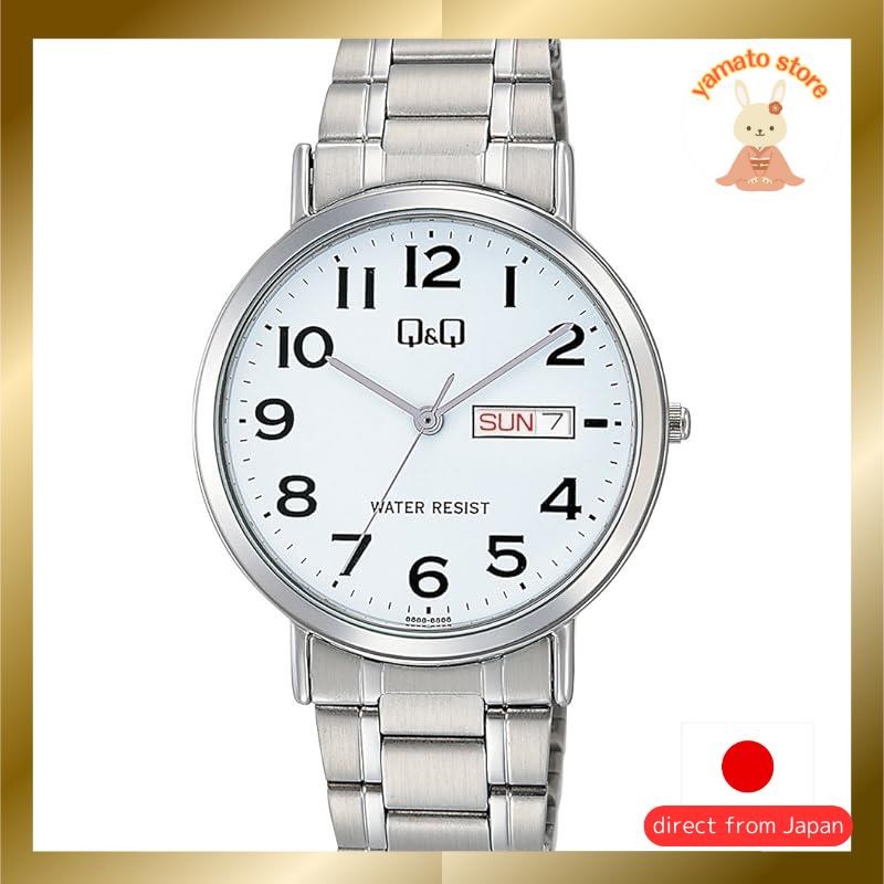 [Citizen Q&Q] Analog waterproof wristwatch with date, day, metal band A202-204 for men in white ...