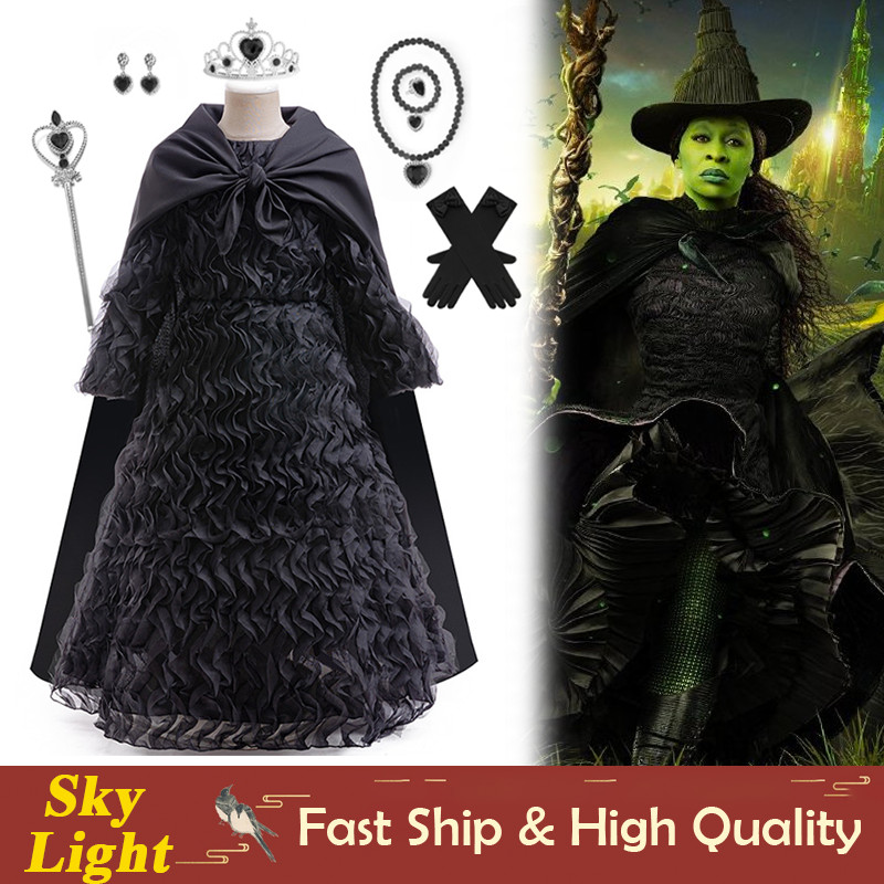 Wicked Elphaba Cosplay Costume Black Dress For Kids Girl Mesh Gown With ...