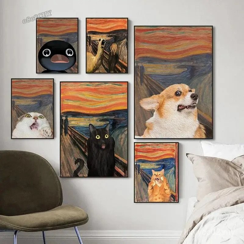 Edvard Munchs The Scream Inspired Funny Cat Dog Canvas Poster Abstract ...