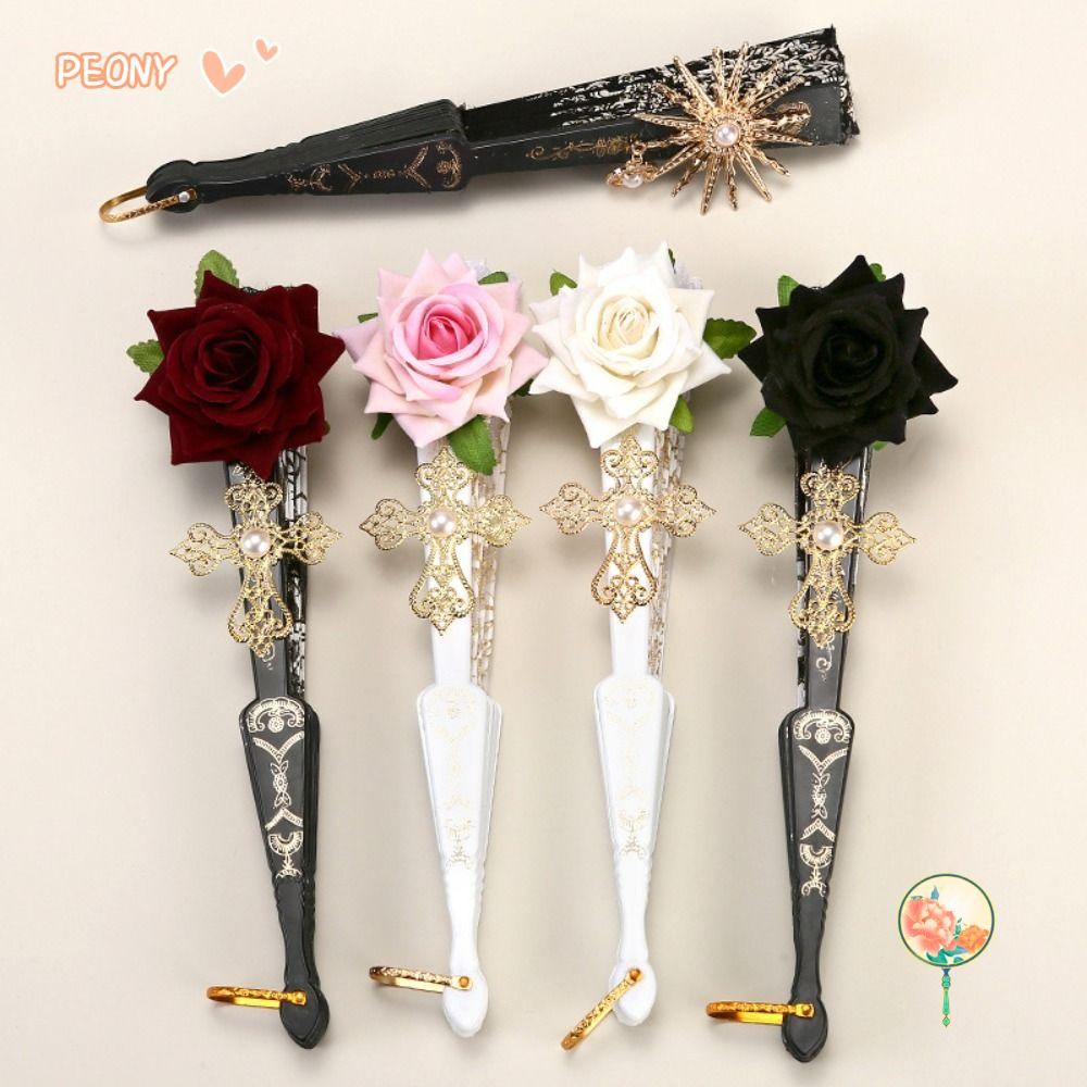 PEONY-HOME Court Lolita Lace Fan, Lace Gothic Folding Fan, Props for ...