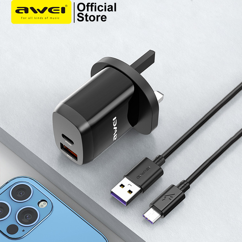 Awei 20W Fast Charger USB A Adapter QC 3.0 2 Ports Type C Travel ...