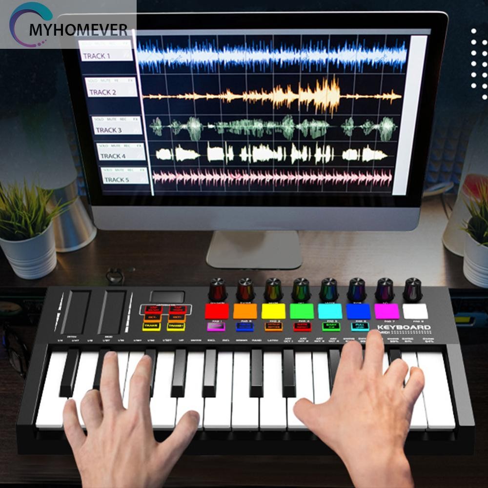 25 Keys MIDI Keyboard Controller with 8 Backlit Drum Pads & 8 Knobs ...