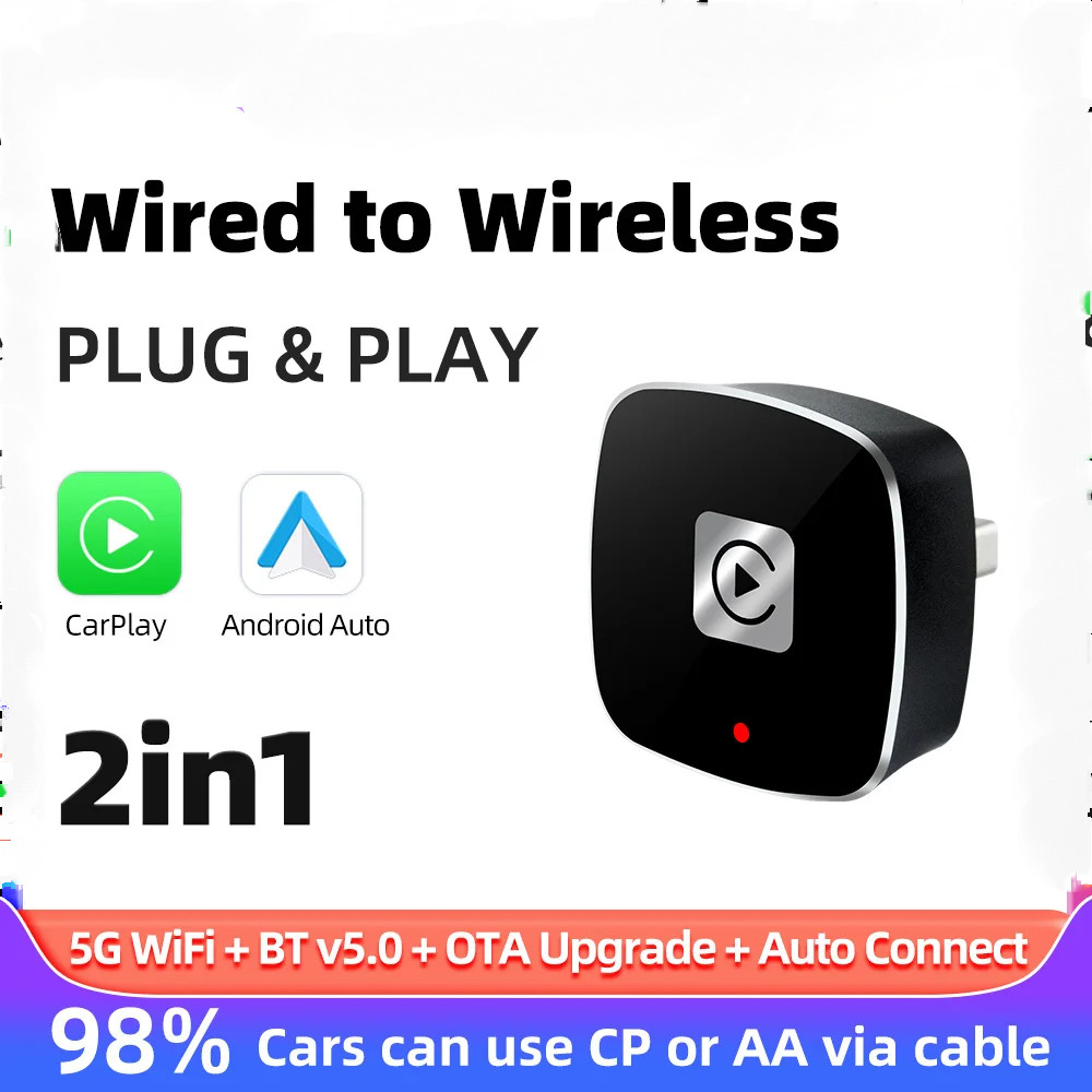 Wireless Carplay Android Auto Adapter 2 in 1 Mini Box Plug&Play CarPlay ...