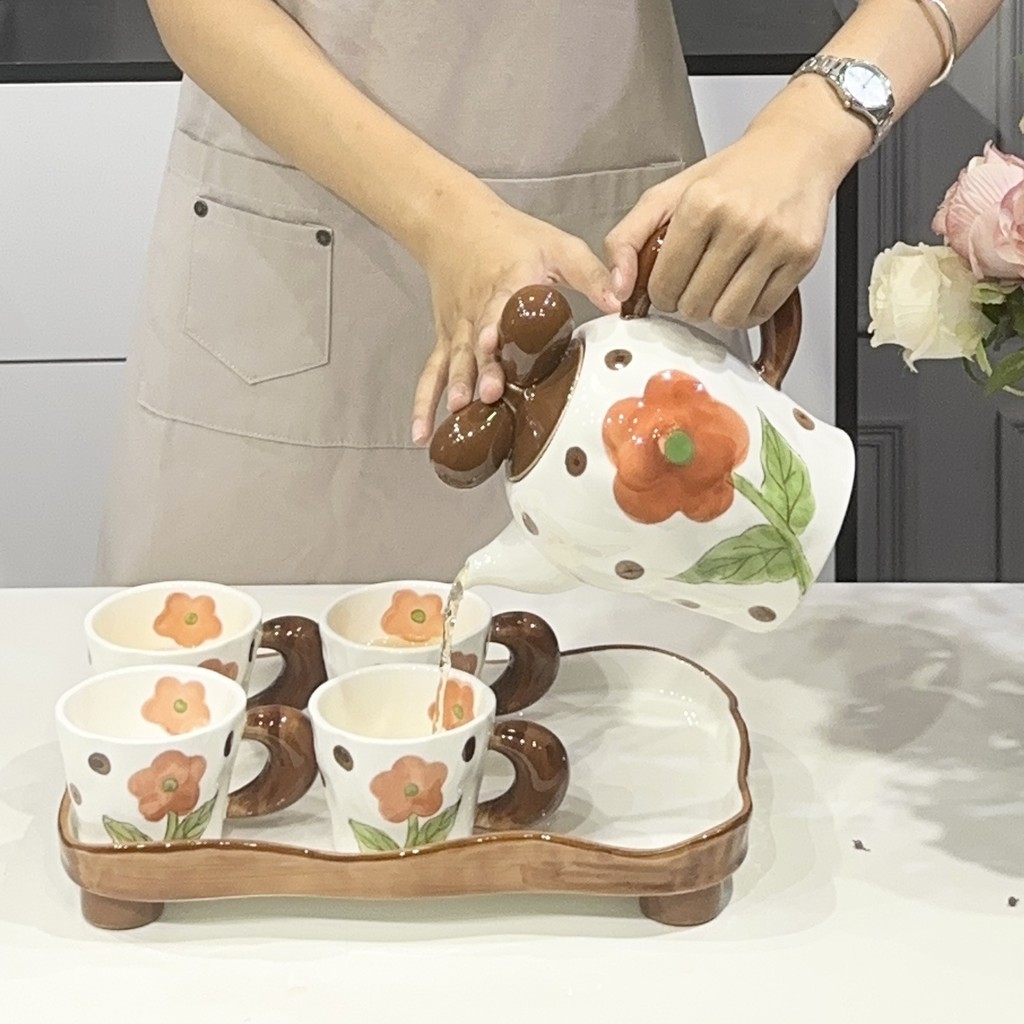 Cawan teh gelas yang dilukis dengan tangan tembikar pot teh bunga ...