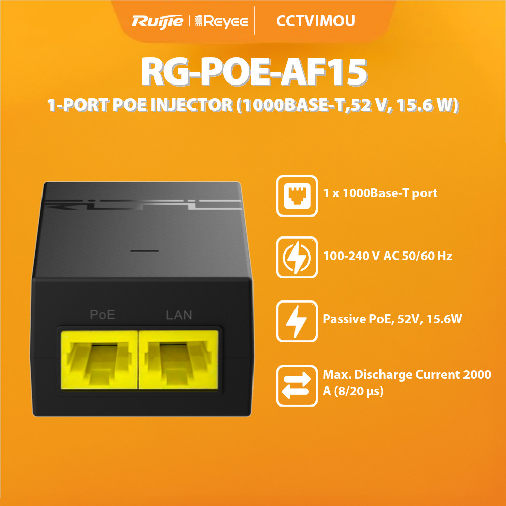 Ruijie REYEE RG-POE-AF15 1-PORT POE INJECTOR (1000BASE-T,52 V, 15.6 W ...