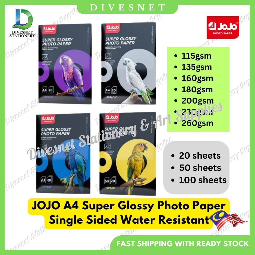 JOJO A4 Super Glossy Photo Paper Single Sided Inkjet Water Resistant 20s/50s/100s Divesnet ...