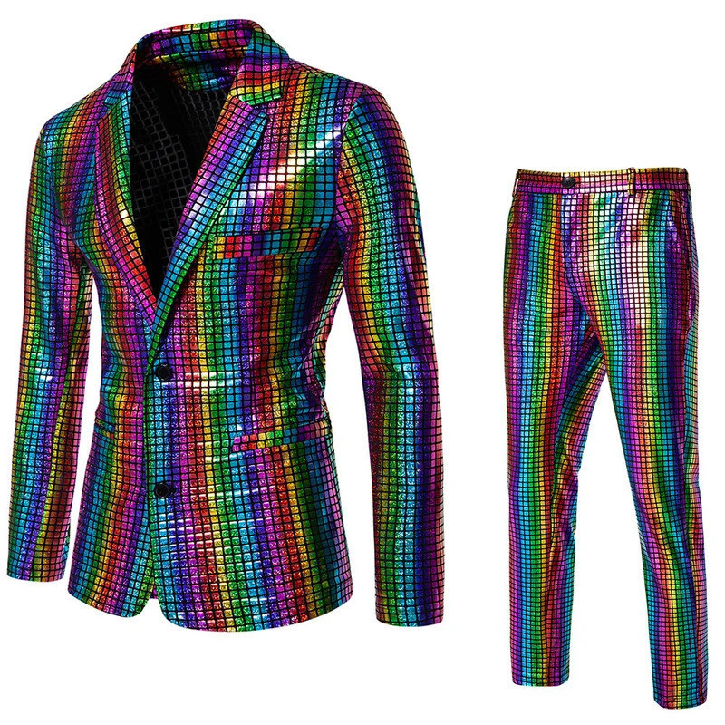 Colwao Fashion Men's 70s Disco Outfit Rainbow Suit Metallic Sequin ...