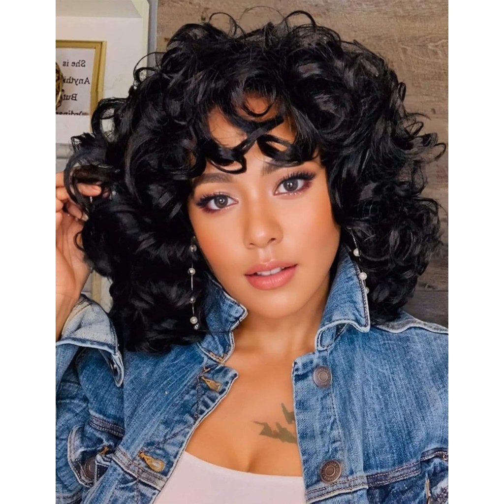KEAT Curly Wigs for Black Women 14" Short Kinky Curly Wig with Bangs ...