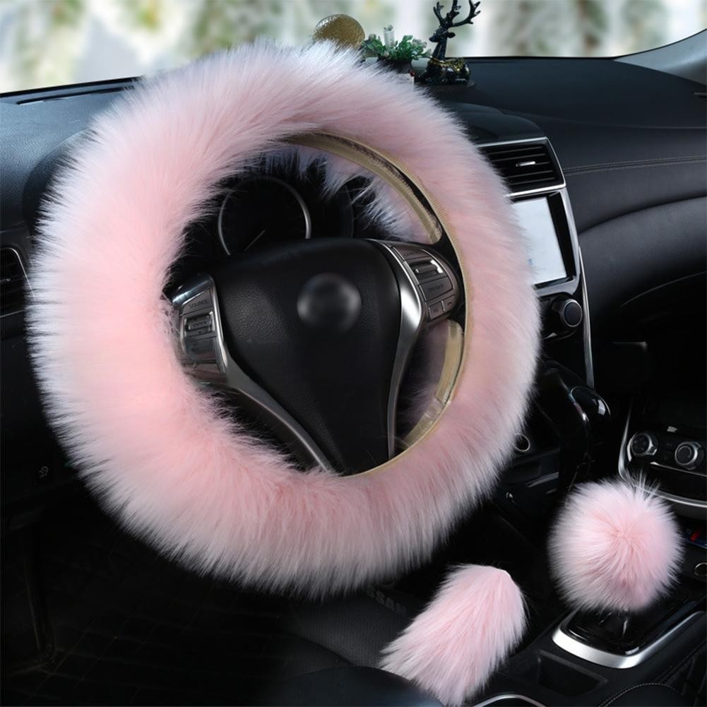 38cm Fur Fluffy Thick Auto Car Steering Wheel Plush Cover Pink Black ...