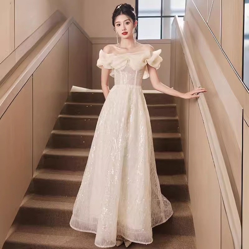 Champagne Banquet Evening Dress French Style Off-shoulder Host ...