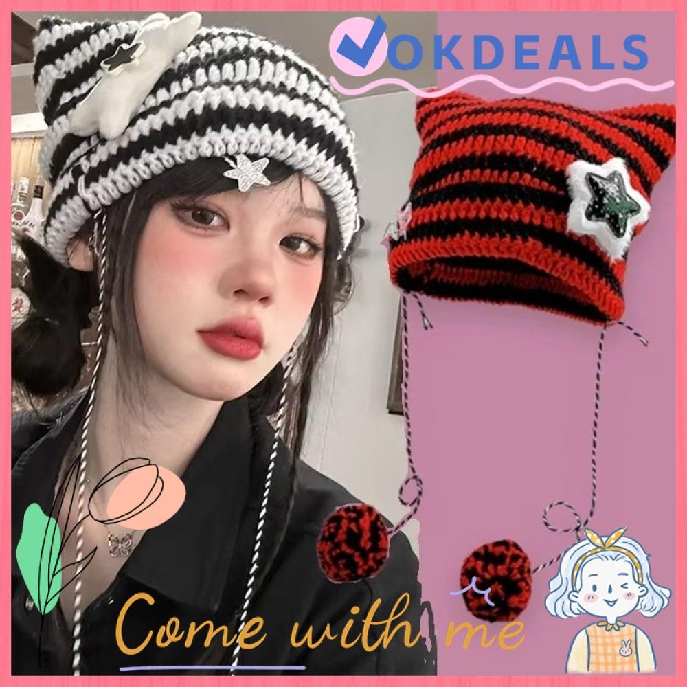 OKDSHOP Star Devil Hat, Striped Y2K Cute Y2K Beanie Hat, Women's Hats Devil Ear Cat Autumn ...