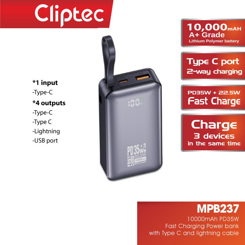 CLIPTEC MPB237 10000mAh PD35W Fast Charging Power bank with Type C and ...