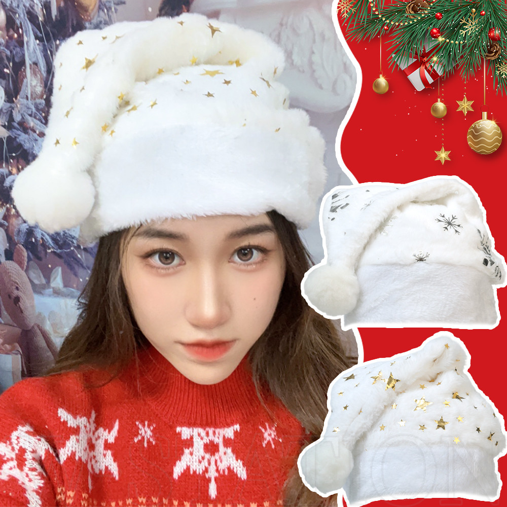 Snowflake Star Gold Stamping Santa Claus Hats - White Soft Plush ...