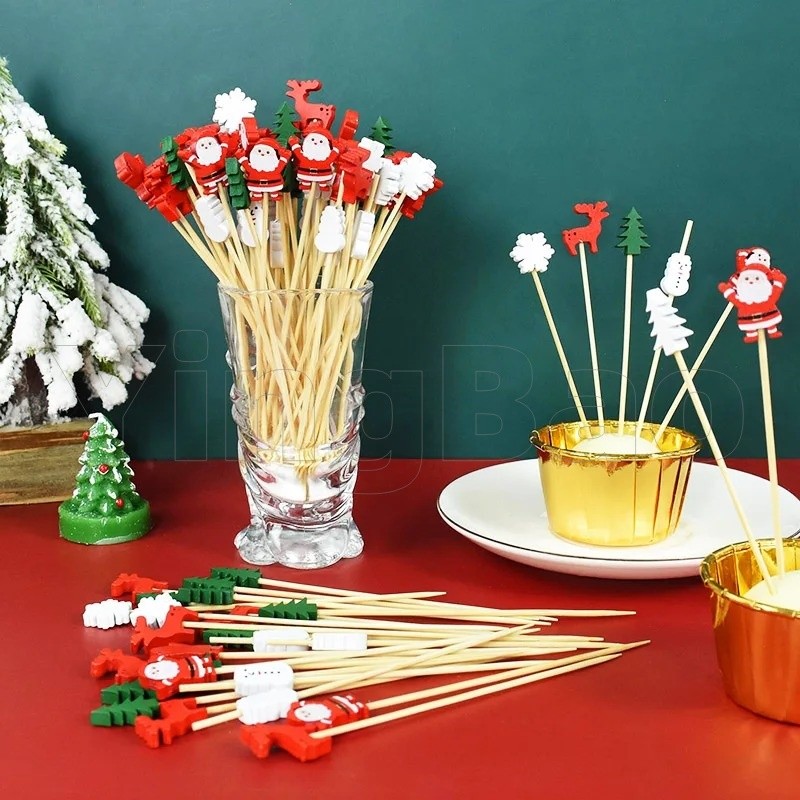 50Ppcs Christmas Bamboo Cocktail Picks Santa Claus Snowflake tree Drink ...