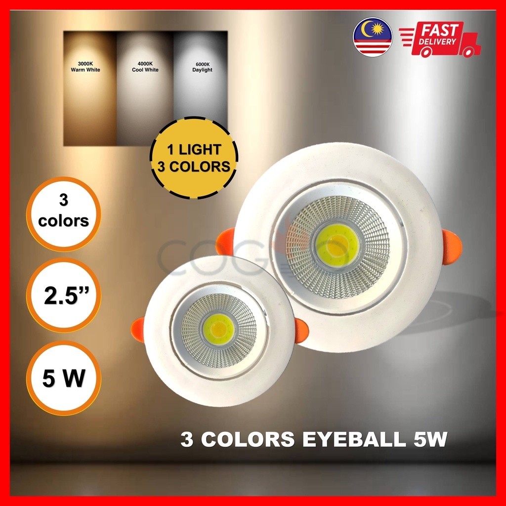 EYEBALL 3 COLOUR RECESSED DOWNLIGHT SPOTLIGHT COB 2.5" 5W 3 COLOR Lampu ...
