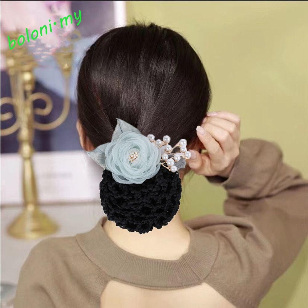 [COD] Flower Snood Spring Clip, Korean Style Bun Snood Pearls Crochet ...