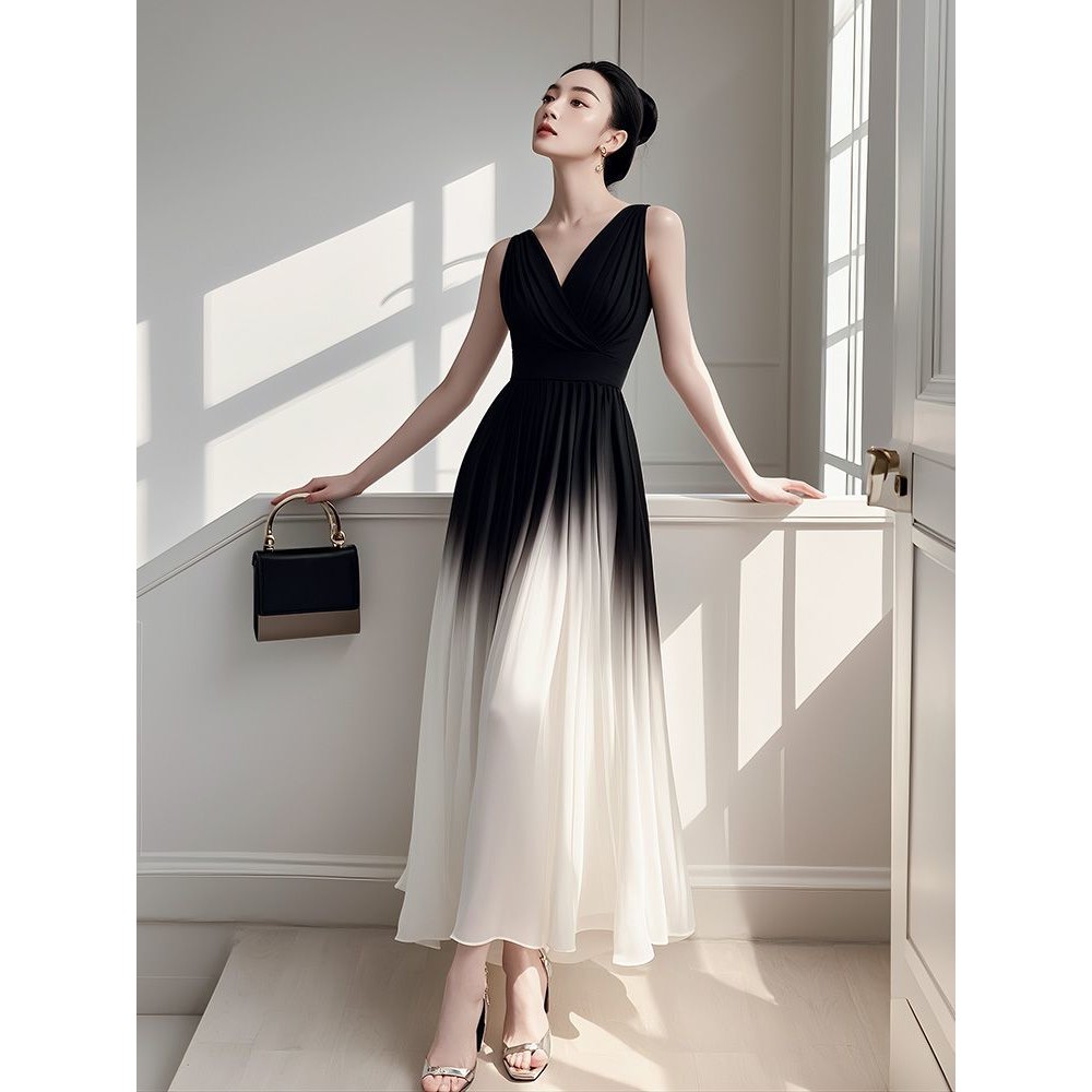 Ombre Black & White Sleeveless Maxi Dress for Women (Elegant French ...