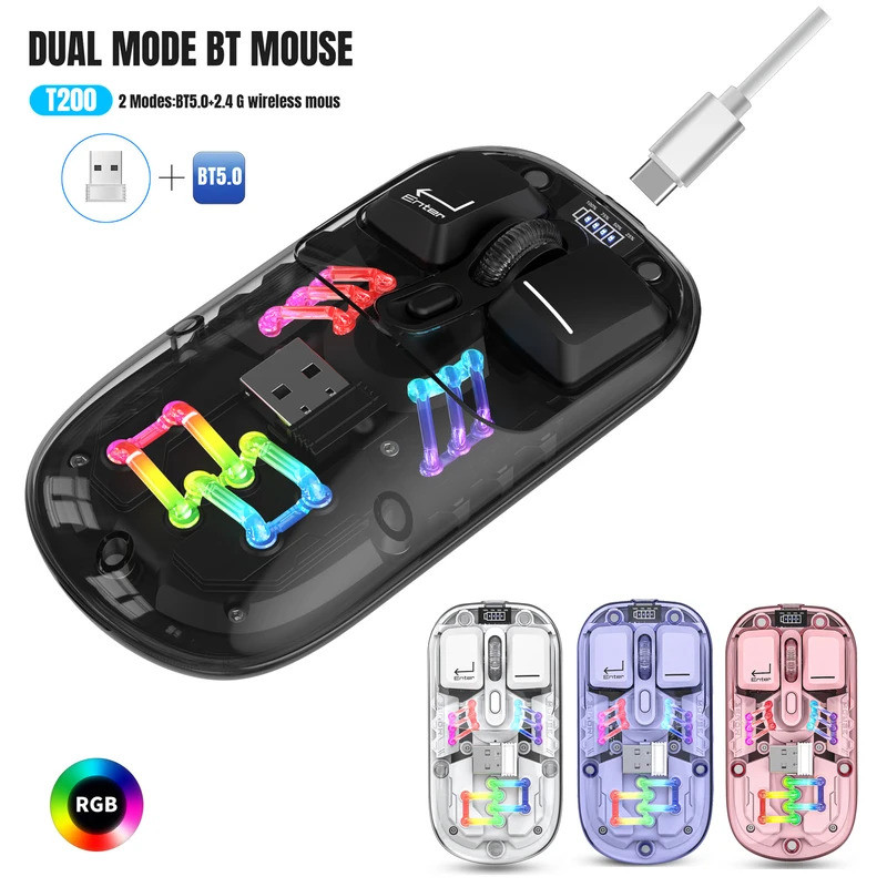 T200 Transparent Dual-mode Wireless Mouse Built-in 400mAh Lithium RGB ...
