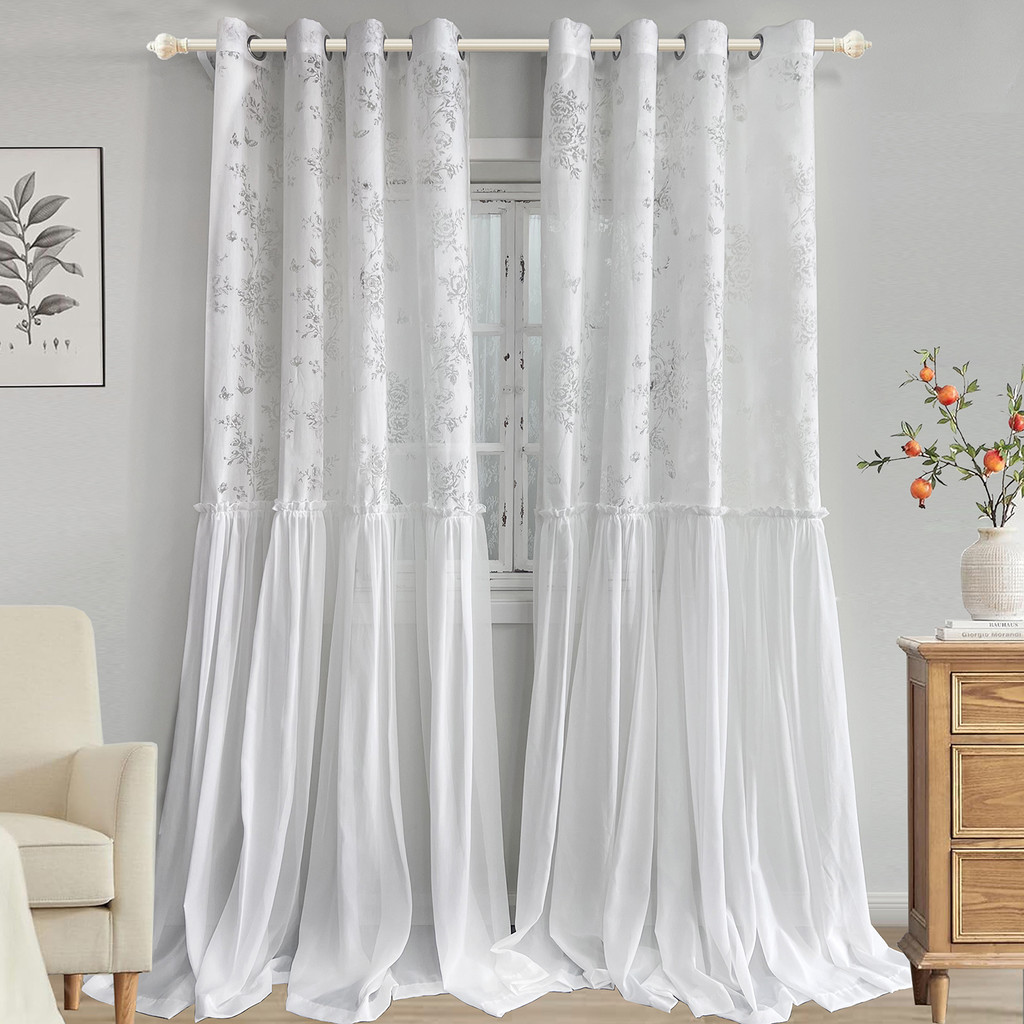 French Semi Sheer Curtain Splicing Window Drapes Jacquard Floral ...